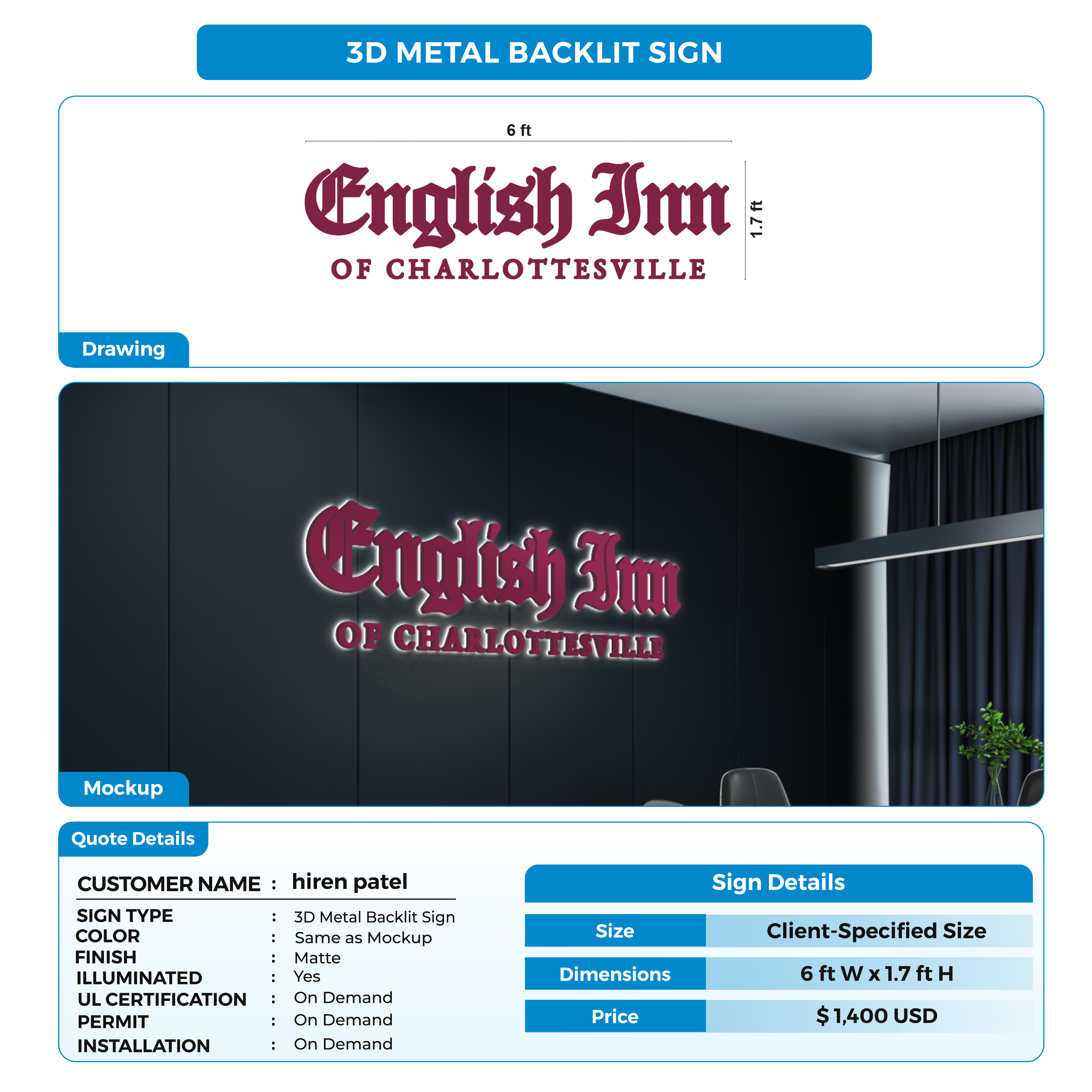 3D metal backlit sign for hiren patel – Signs INC